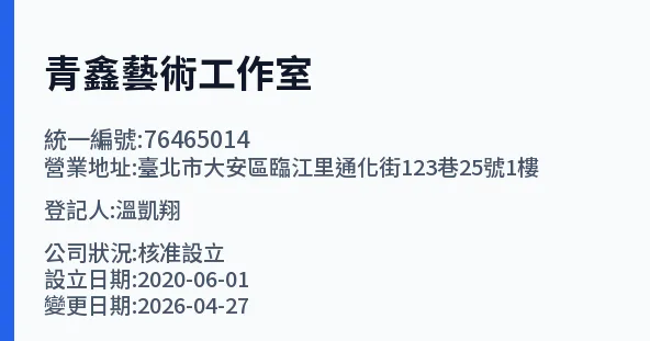 青鑫藝術工作室的照片-統編 76465014(臺北市) 公司登記資料與營業項目詳細圖表
