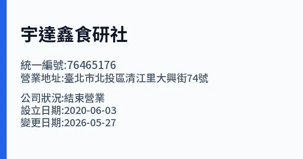 宇達鑫食研社的照片-統編 76465176(臺北市) 公司登記資料與營業項目詳細圖表