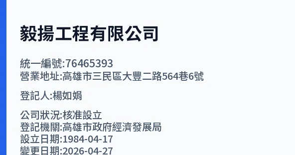 毅揚工程有限公司的照片-統編 76465393(高雄市) 公司登記資料與營業項目詳細圖表