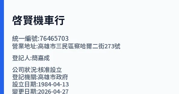 啓賢機車行的照片-統編 76465703(高雄市) 公司登記資料與營業項目詳細圖表