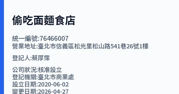 偷吃面麵食店的照片-統編 76466007(臺北市) 公司登記資料與營業項目詳細圖表
