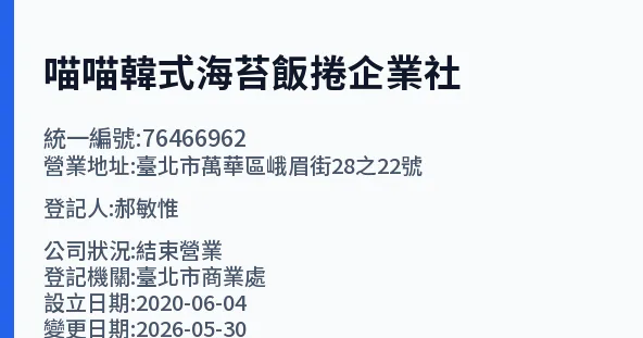 喵喵韓式海苔飯捲企業社的照片-統編 76466962(臺北市) 公司登記資料與營業項目詳細圖表