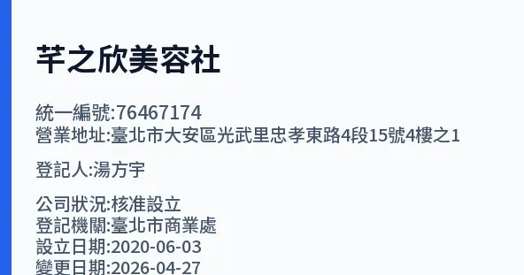 芊之欣美容社的照片-統編 76467174(臺北市) 公司登記資料與營業項目詳細圖表