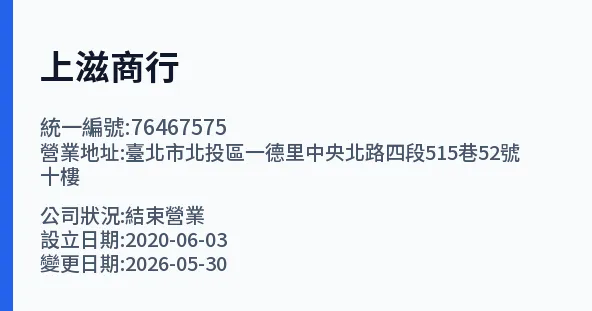 上滋商行的照片-統編 76467575(臺北市) 公司登記資料與營業項目詳細圖表