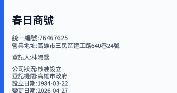 春日商號的照片-統編 76467625(高雄市) 公司登記資料與營業項目詳細圖表