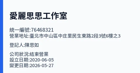 愛麗思思工作室的照片-統編 76468321(臺北市) 公司登記資料與營業項目詳細圖表