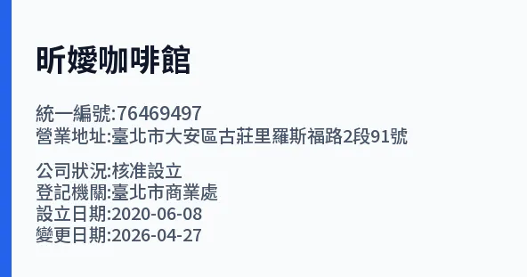 昕嬡咖啡館的照片-統編 76469497(臺北市) 公司登記資料與營業項目詳細圖表