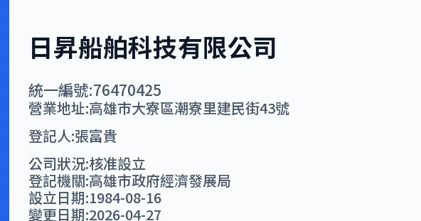 日昇船舶科技有限公司的照片-統編 76470425(高雄市) 公司登記資料與營業項目詳細圖表