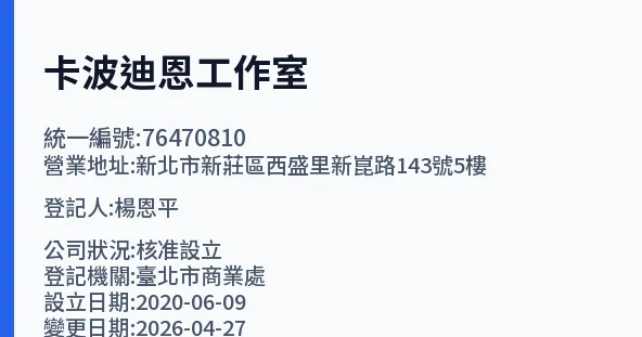 卡波迪恩工作室的照片-統編 76470810(新北市) 公司登記資料與營業項目詳細圖表