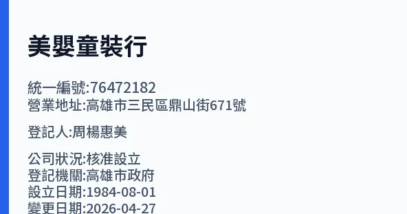 美嬰童裝行的照片-統編 76472182(高雄市) 公司登記資料與營業項目詳細圖表