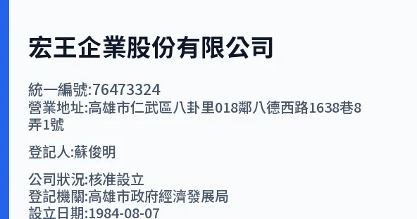 宏王企業股份有限公司的照片-統編 76473324(高雄市) 公司登記資料與營業項目詳細圖表