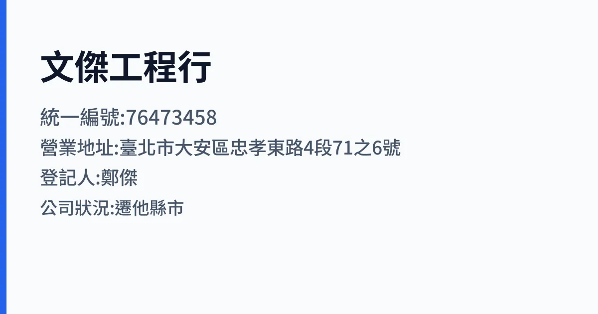 文傑工程行 - 統編 76473458(新北市) 公司登記資料與營業項目詳細圖表