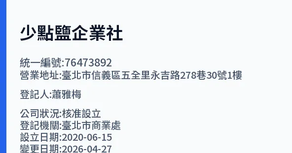 少點鹽企業社的照片-統編 76473892(臺北市) 公司登記資料與營業項目詳細圖表