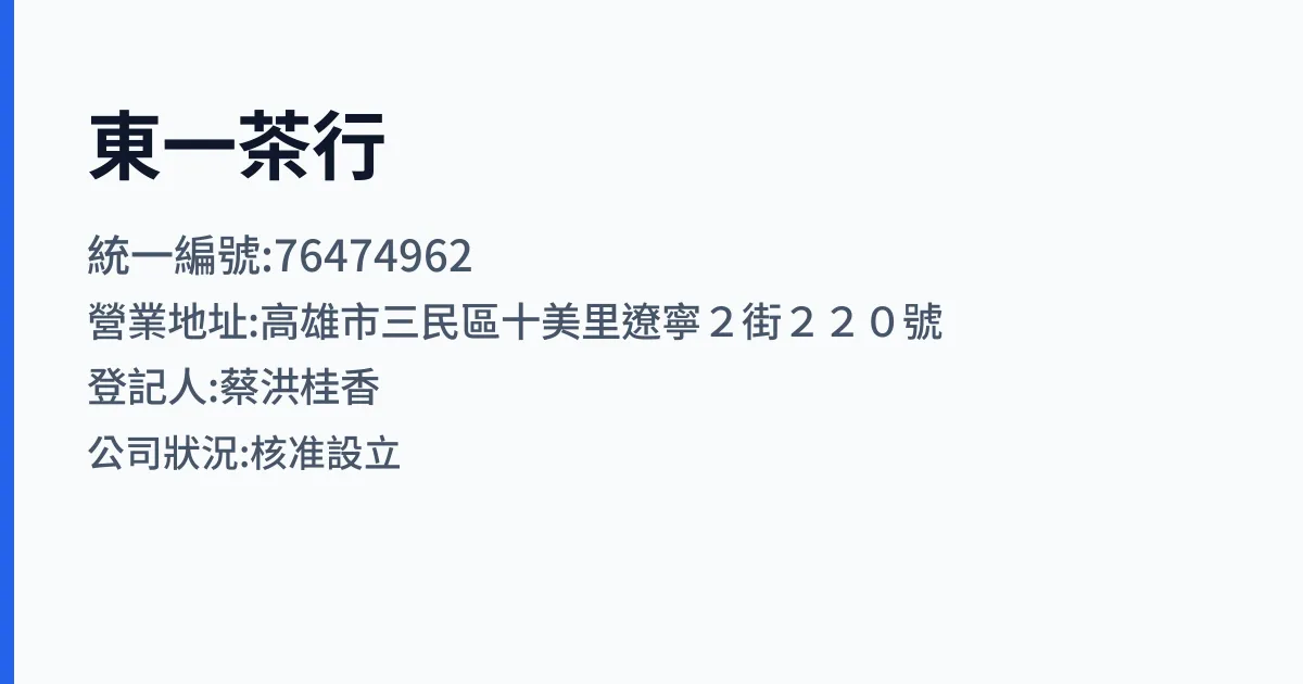 東一茶行 - 統編 76474962(高雄市) 公司登記資料與營業項目詳細圖表