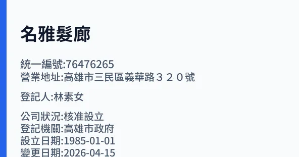 名雅髮廊的照片-統編 76476265(高雄市) 公司登記資料與營業項目詳細圖表