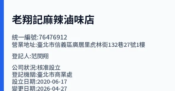 老翔記麻辣滷味店的照片-統編 76476912(臺北市) 公司登記資料與營業項目詳細圖表