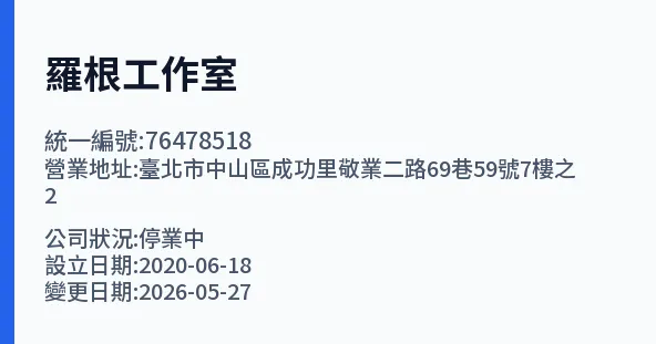羅根工作室的照片-統編 76478518(臺北市) 公司登記資料與營業項目詳細圖表