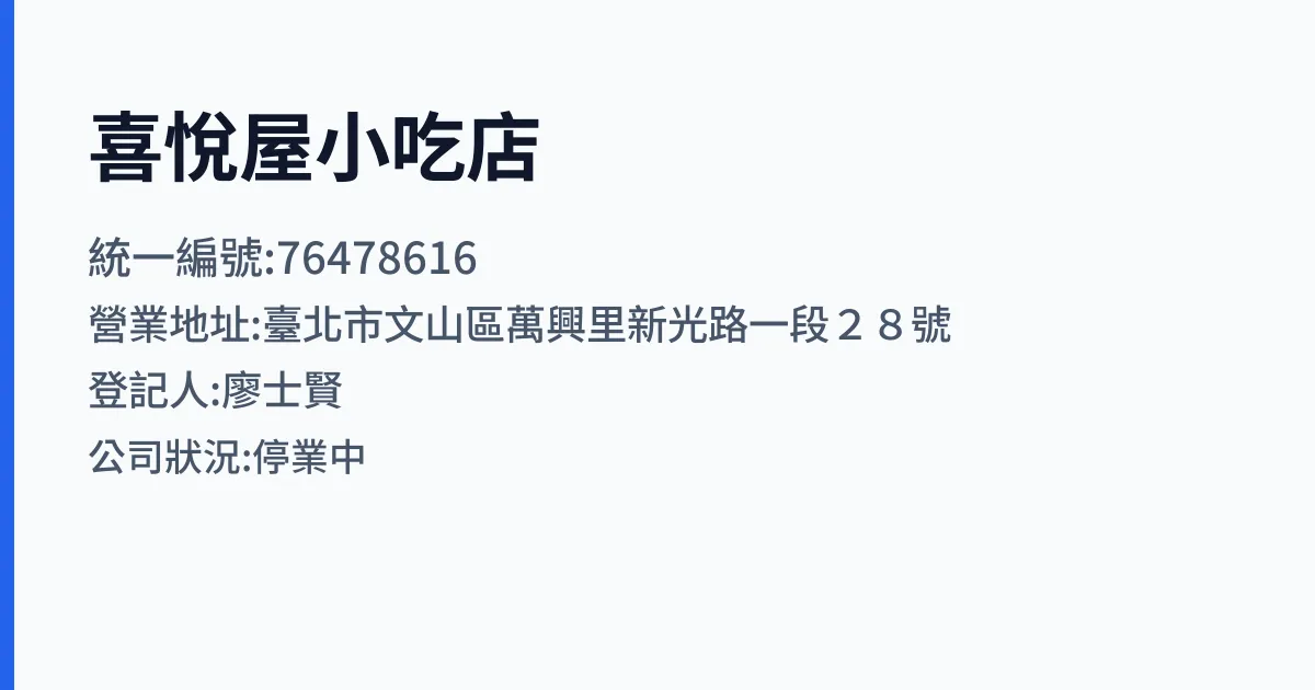 喜悅屋小吃店 - 統編 76478616(臺北市) 公司登記資料與營業項目詳細圖表