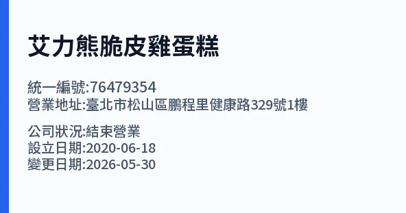 艾力熊脆皮雞蛋糕的照片-統編 76479354(臺北市) 公司登記資料與營業項目詳細圖表