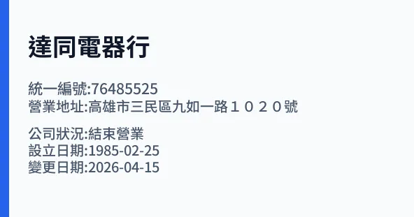 達同電器行的照片-統編 76485525(高雄市) 公司登記資料與營業項目詳細圖表