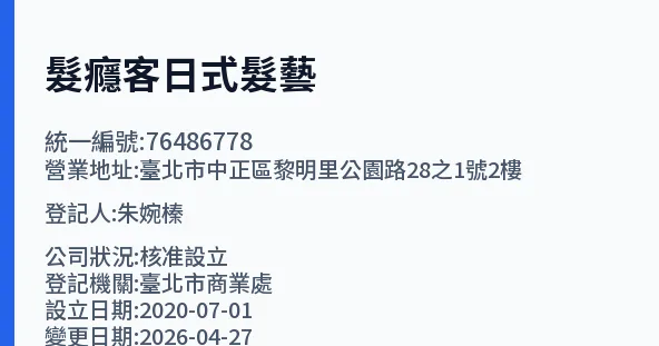 髮癮客日式髮藝的照片-統編 76486778(臺北市) 公司登記資料與營業項目詳細圖表