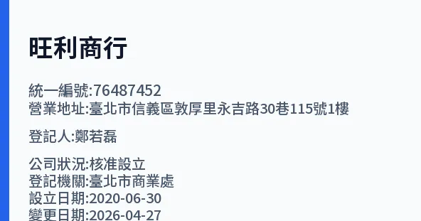 旺利商行的照片-統編 76487452(臺北市) 公司登記資料與營業項目詳細圖表