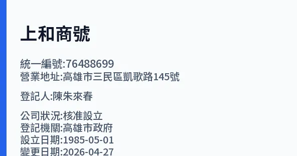 上和商號的照片-統編 76488699(高雄市) 公司登記資料與營業項目詳細圖表