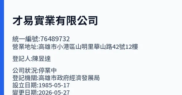 才易實業有限公司的照片-統編 76489732(高雄市) 公司登記資料與營業項目詳細圖表