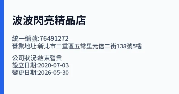 波波閃亮精品店的照片-統編 76491272(新北市) 公司登記資料與營業項目詳細圖表