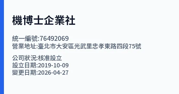 機博士企業社的照片-統編 76492069(臺北市) 公司登記資料與營業項目詳細圖表