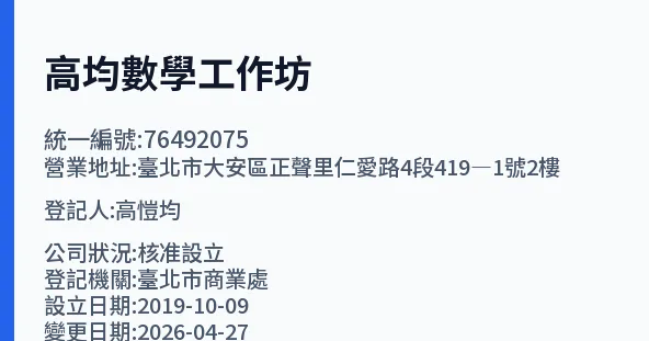 高均數學工作坊的照片-統編 76492075(臺北市) 公司登記資料與營業項目詳細圖表