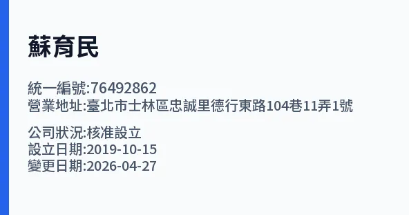 蘇育民的照片-統編 76492862(臺北市) 公司登記資料與營業項目詳細圖表