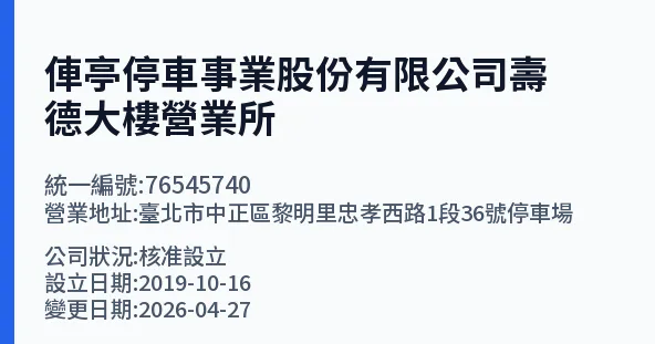 俥亭停車事業股份有限公司壽德大樓營業所的照片-統編 76545740(臺北市) 公司登記資料與營業項目詳細圖表