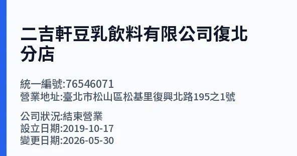 二吉軒豆乳飲料有限公司復北分店的照片-統編 76546071(臺北市) 公司登記資料與營業項目詳細圖表