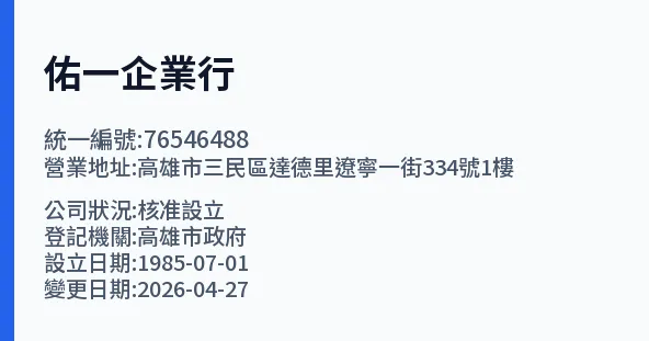 佑一企業行的照片-統編 76546488(高雄市) 公司登記資料與營業項目詳細圖表
