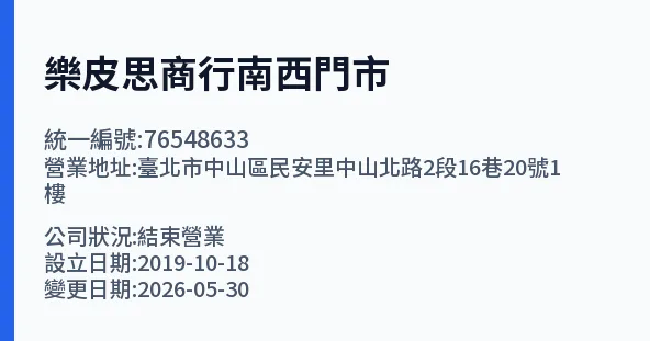 樂皮思商行南西門市的照片-統編 76548633(臺北市) 公司登記資料與營業項目詳細圖表