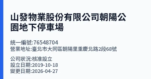 山發物業股份有限公司朝陽公園地下停車場的照片-統編 76548704(臺北市) 公司登記資料與營業項目詳細圖表