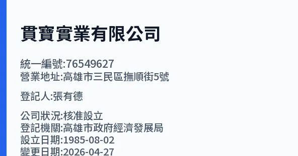 貫寶實業有限公司的照片-統編 76549627(高雄市) 公司登記資料與營業項目詳細圖表