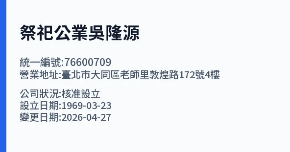 祭祀公業吳隆源的照片-統編 76600709(臺北市) 公司登記資料與營業項目詳細圖表