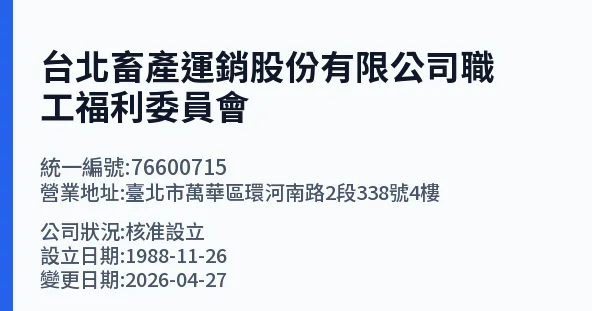 台北畜產運銷股份有限公司職工福利委員會的照片-統編 76600715(臺北市) 公司登記資料與營業項目詳細圖表