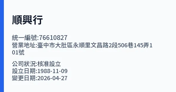 順興行的照片-統編 76610827(臺中市) 公司登記資料與營業項目詳細圖表