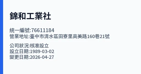 錦和工業社的照片-統編 76611184(臺中市) 公司登記資料與營業項目詳細圖表