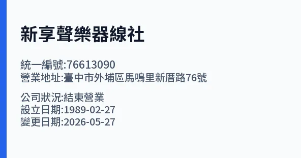 新享聲樂器線社的照片-統編 76613090(臺中市) 公司登記資料與營業項目詳細圖表