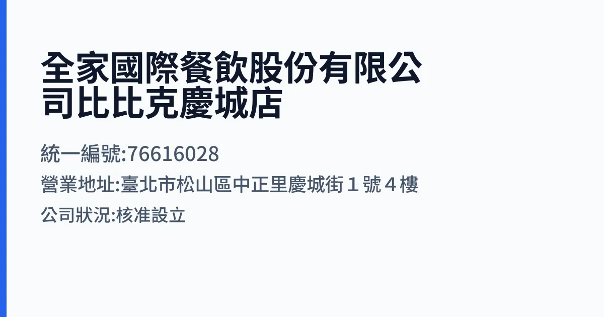 全家國際餐飲股份有限公司比比克慶城店 - 統編 76616028(臺北市) 公司登記資料與營業項目詳細圖表