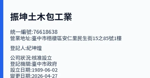振坤土木包工業的照片-統編 76618638(臺中市) 公司登記資料與營業項目詳細圖表
