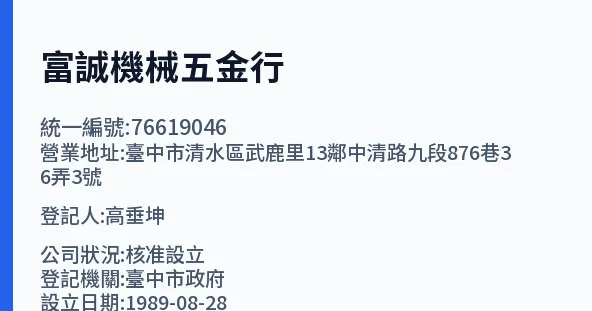 富誠機械五金行的照片-統編 76619046(臺中市) 公司登記資料與營業項目詳細圖表