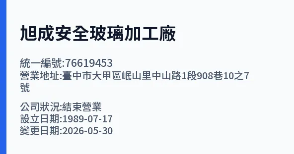 旭成安全玻璃加工廠的照片-統編 76619453(臺中市) 公司登記資料與營業項目詳細圖表