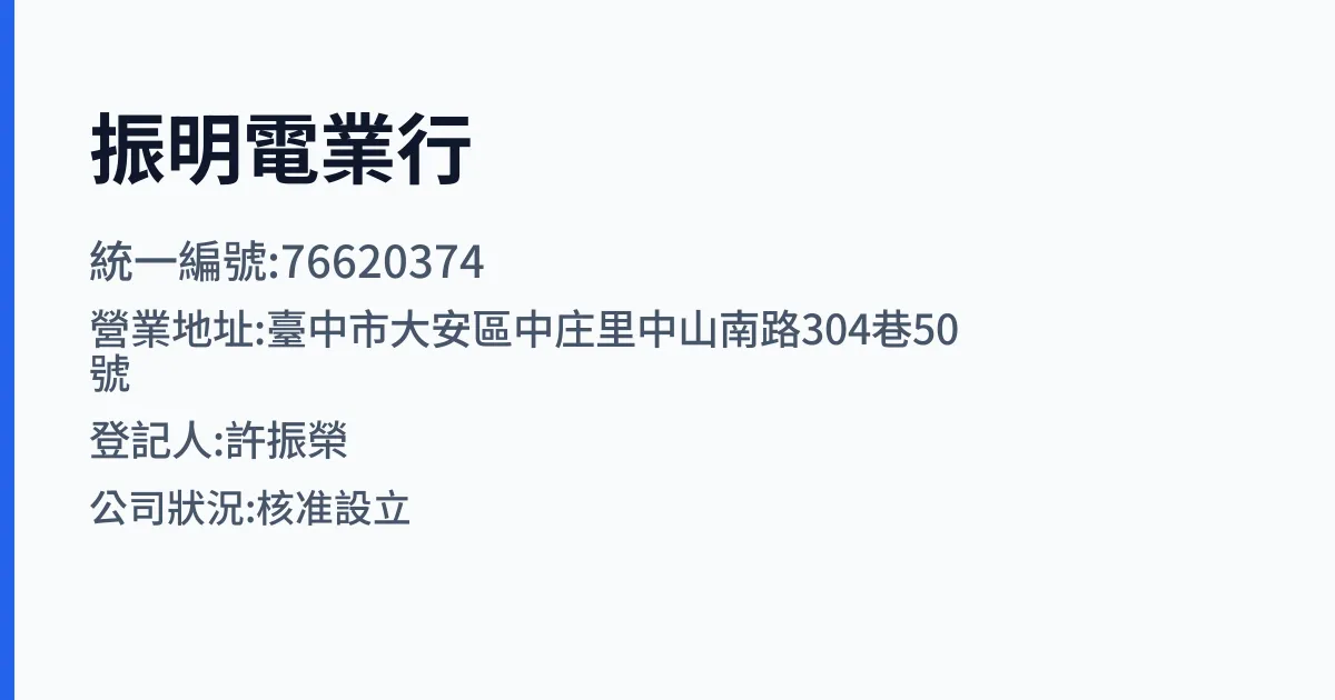 振明電業行 - 統編 76620374(臺中市) 公司登記資料與營業項目詳細圖表
