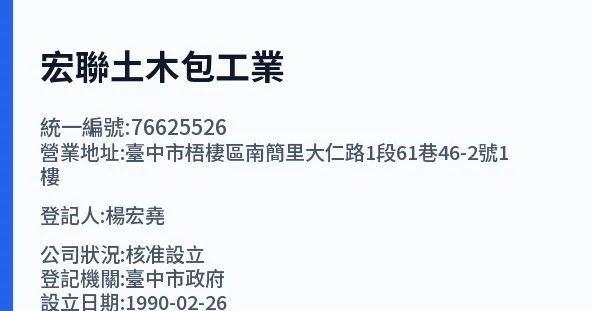 宏聯土木包工業的照片-統編 76625526(臺中市) 公司登記資料與營業項目詳細圖表