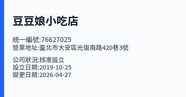 豆豆娘小吃店的照片-統編 76627025(臺北市) 公司登記資料與營業項目詳細圖表